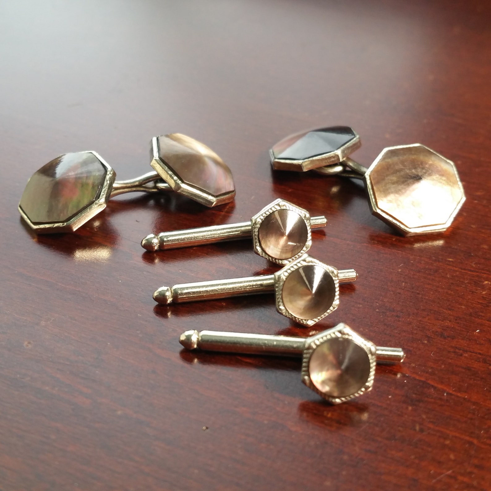 Antique Tuxedo Set, 1920's Black Mother of Pearl, Silver Tone 5 Piece ...