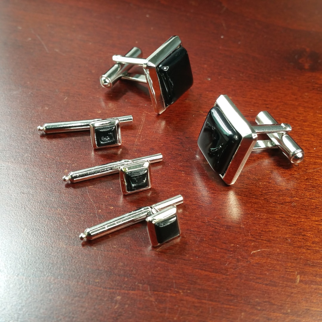 Vintage Onyx Tuxedo Cufflinks & Studs, 5 Piece Formal Tux Cuff Link Set ...