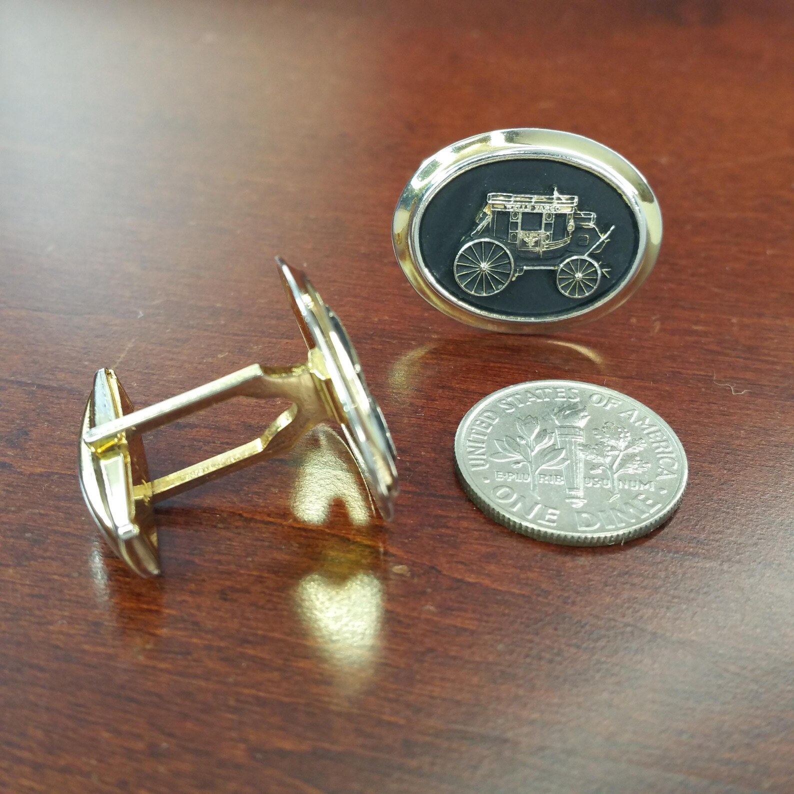 Vintage Wells Fargo Stagecoach Cufflinks, Gold Tone & Black Enamel, WF ...