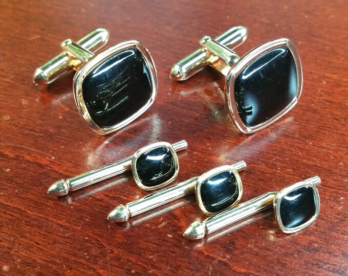 Vintage Wedding Cufflink Set, 1950's Swank 5 Piece Set, Gold Tone Black ...