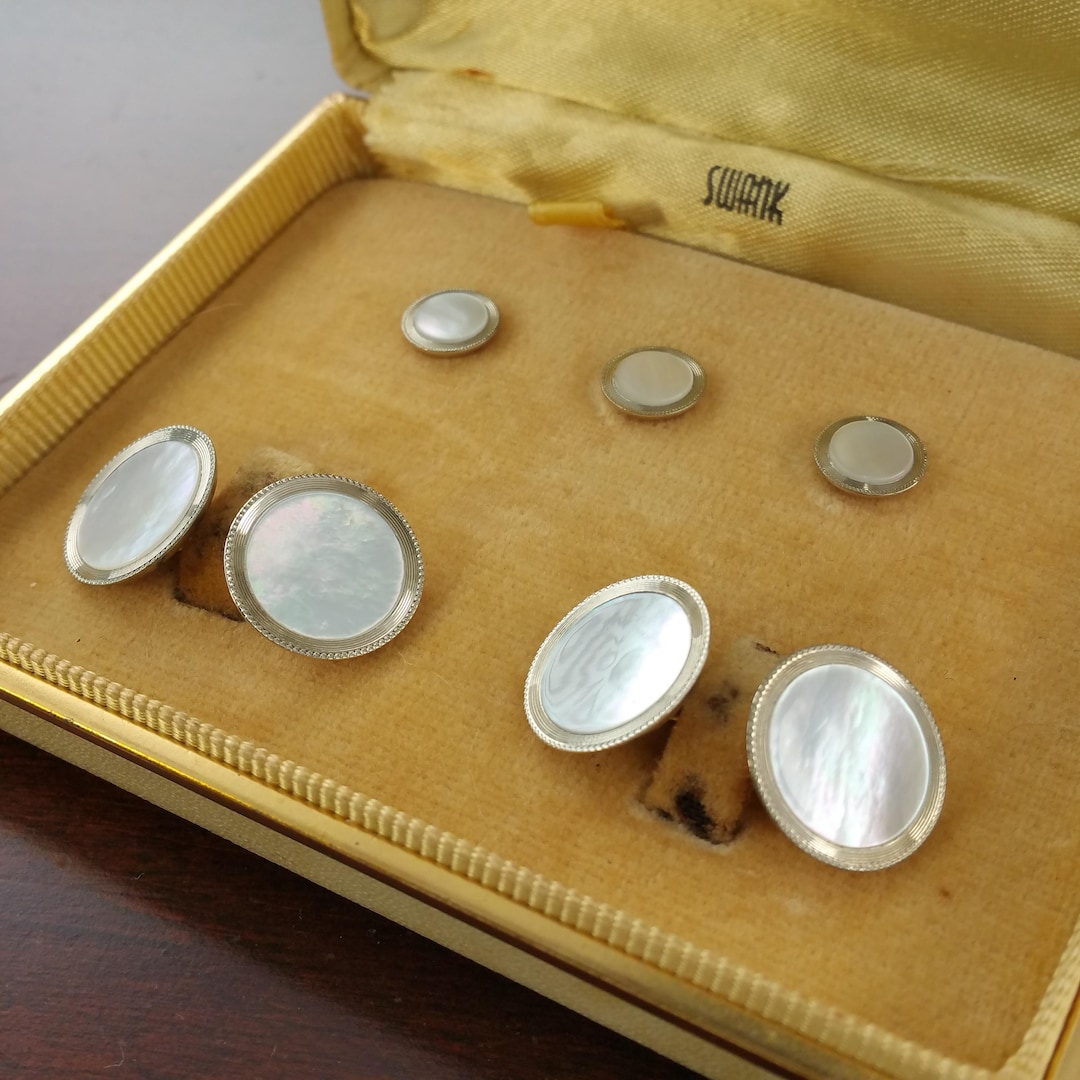 1930's Antique Tuxedo Button Set, Mother of Pearl, Yellow & White Gold ...