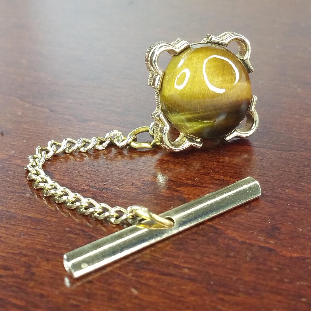 1940's Vintage Tigerseye Tie Tack, Victorian Revival Style Large Tiger ...