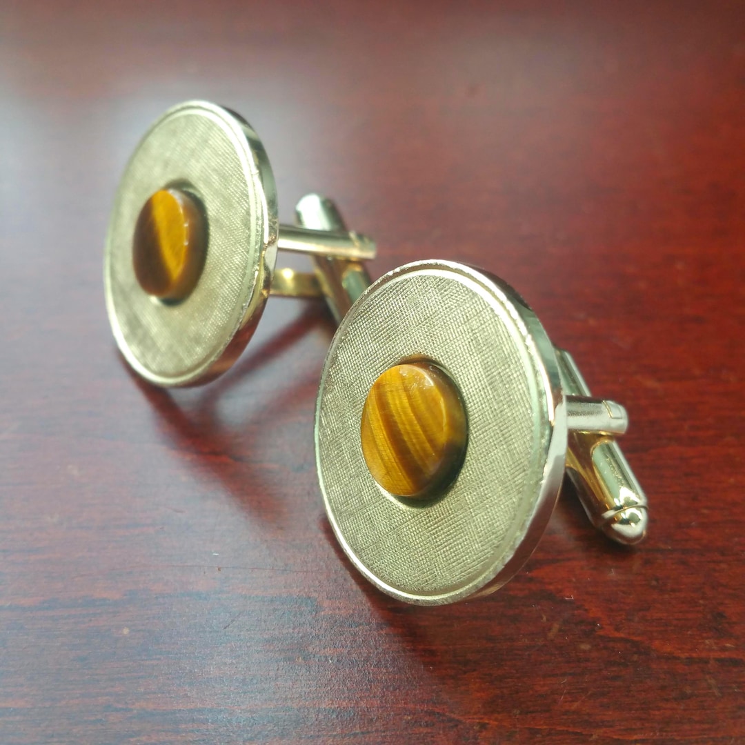 1960's Vintage Tiger's Eye Cufflinks, Polished Genuine Tigerseye Stone ...