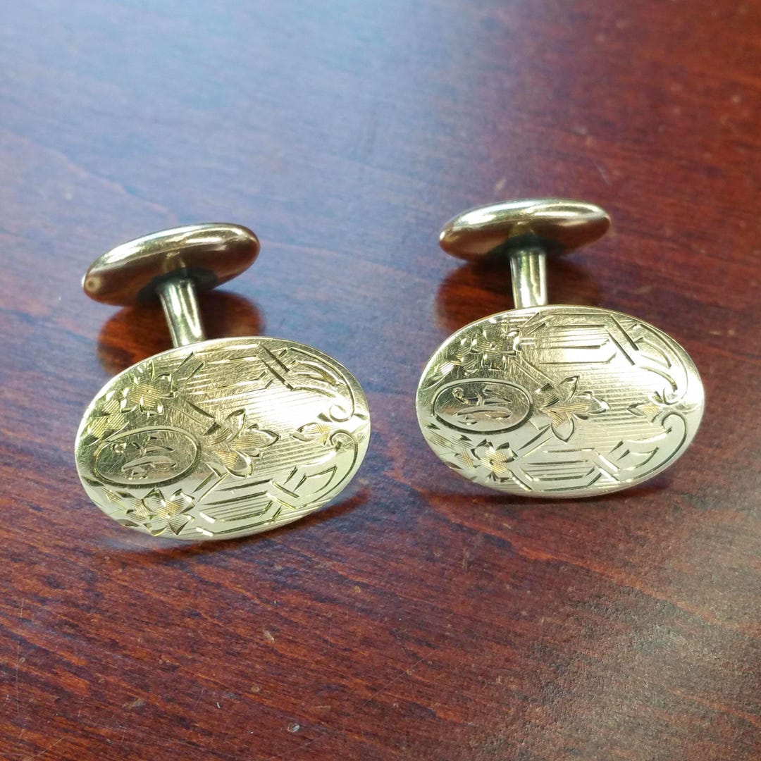 Antique Cufflinks, 1900's Edwardian Art Deco Hand Engraved 12K Gold ...