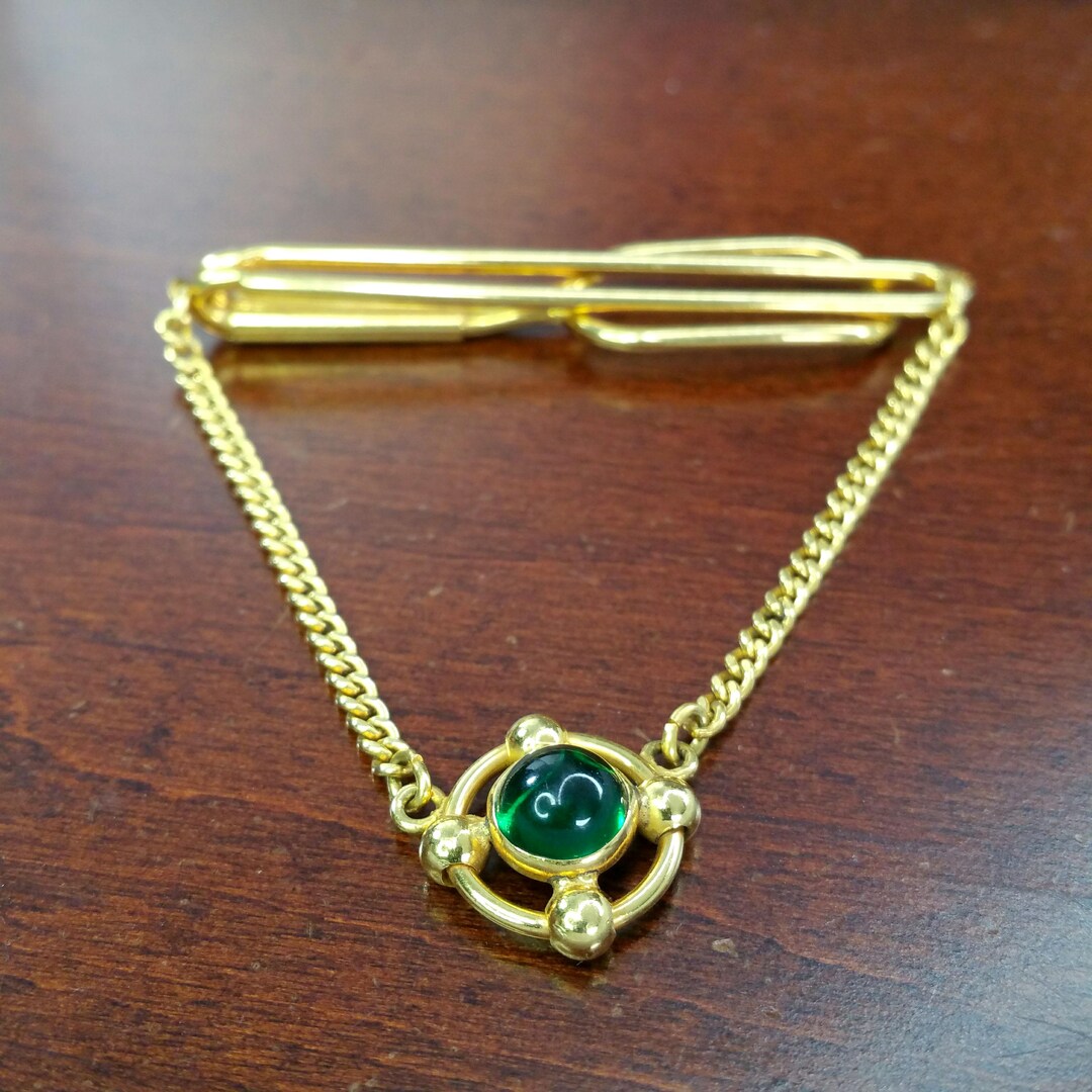 Vintage Tie Chain, 1930's Swank Gold Tie Clasp With Green Jewel Pendant ...