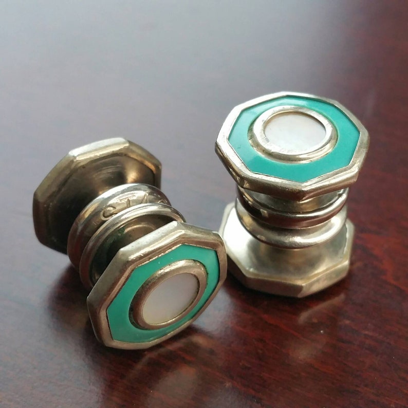 Vintage 1920's Snap Cufflinks, Teal Celluloid, Silver Tone Mother of ...