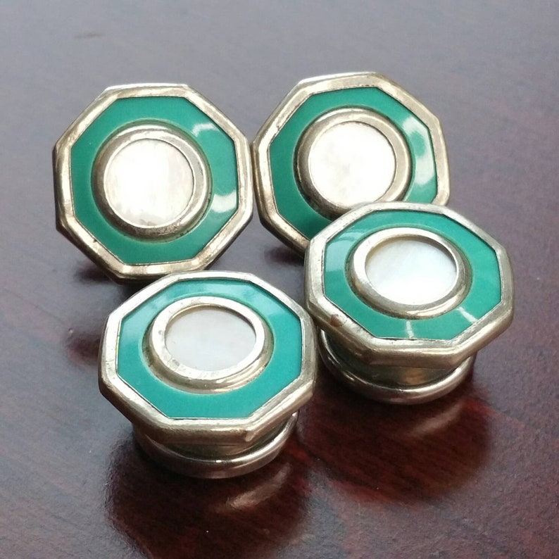 Vintage 1920's Snap Cufflinks, Teal Celluloid, Silver Tone Mother of ...