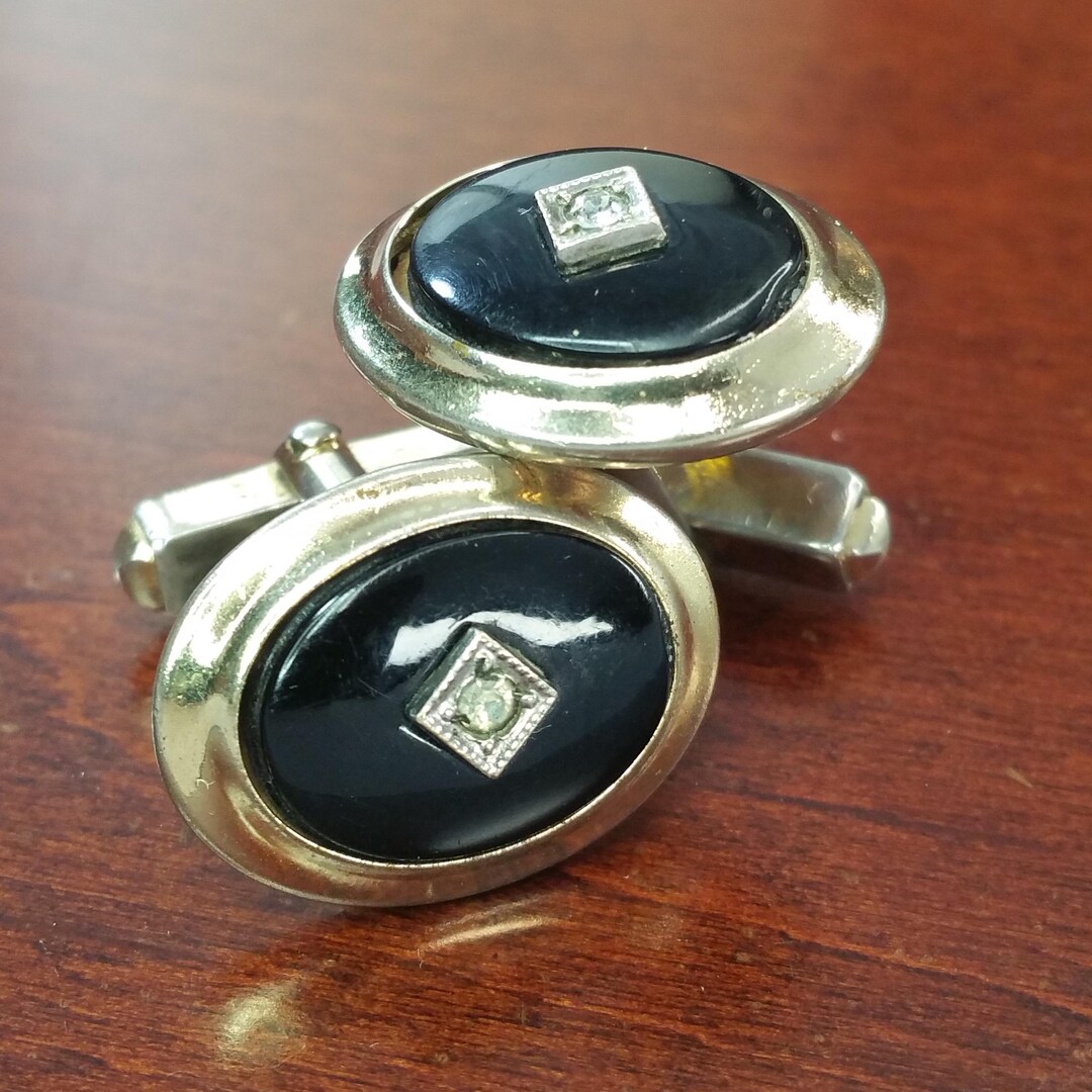 Vintage Cufflinks, 1950's Anson Gold Plate, Black Cabochon & Rhinestone ...