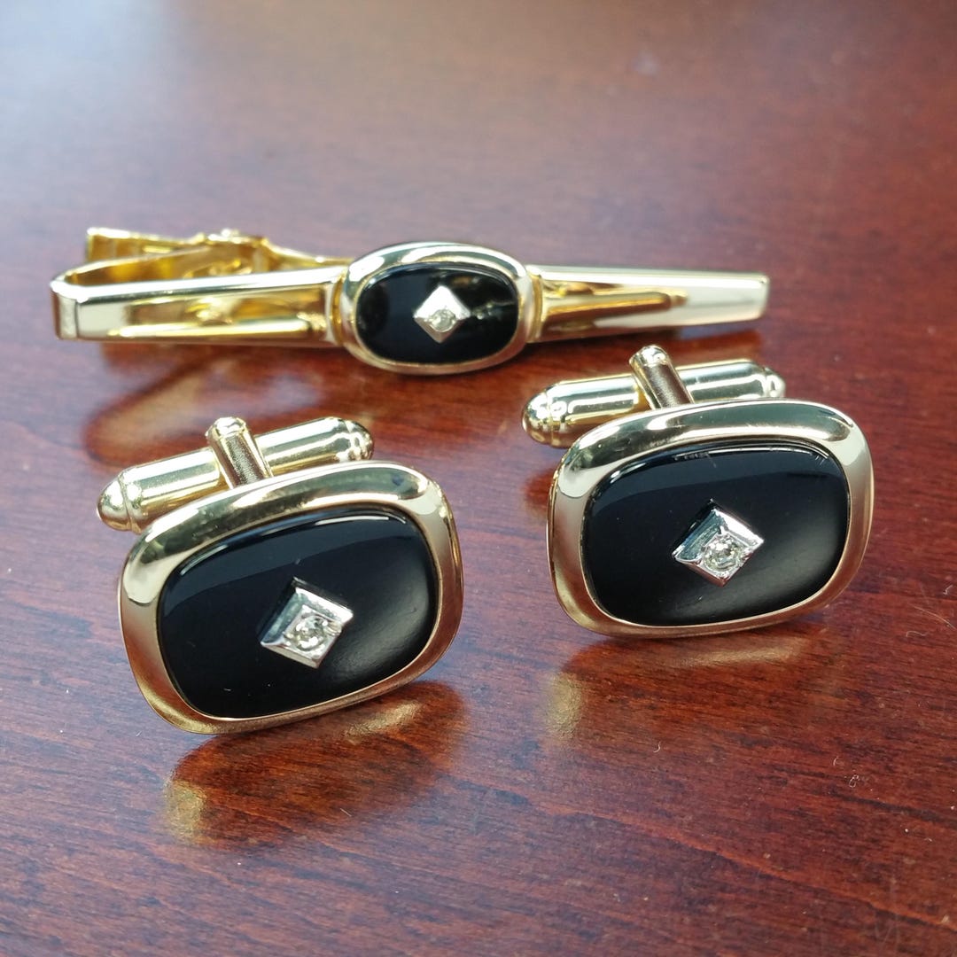 Vintage Cufflink Set, 1940's Anson Black Cabochon & Rhinestone Cuff ...