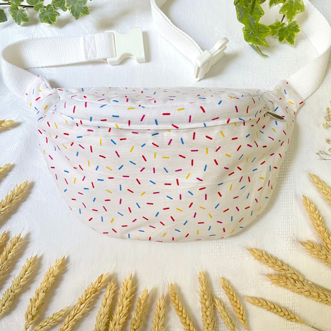 Fanny Pack, White Cotton Fabric, Multicolored Geometric Patterns ...