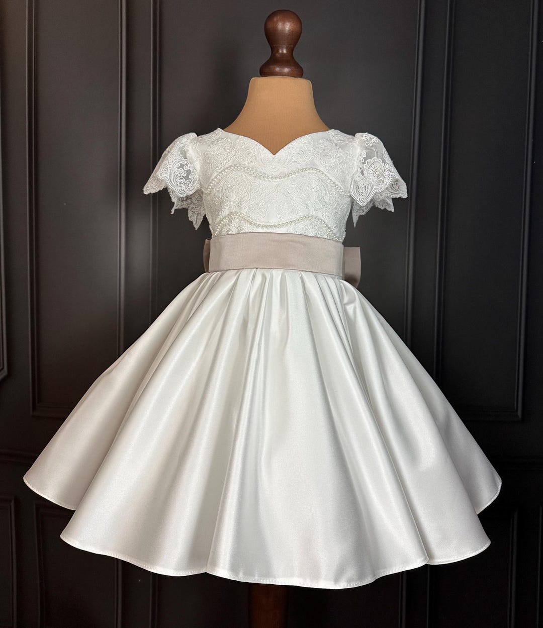 Satin Beige Flower Girl Dress, Junior Bridemaid Dress, Baptismdress ...