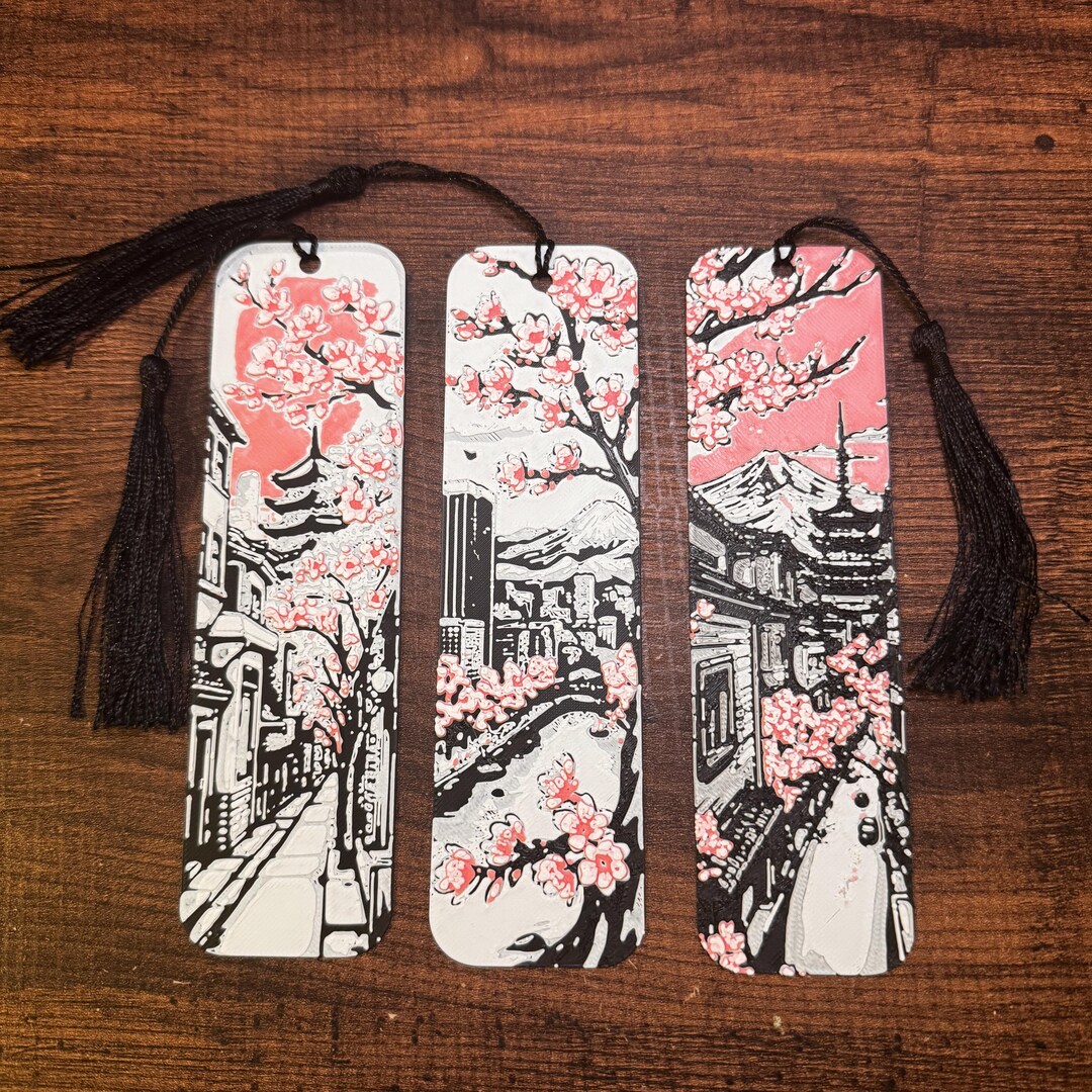 Cherry Blossom Bookmark Set – Pink Blossoms on Black & White Japanese ...
