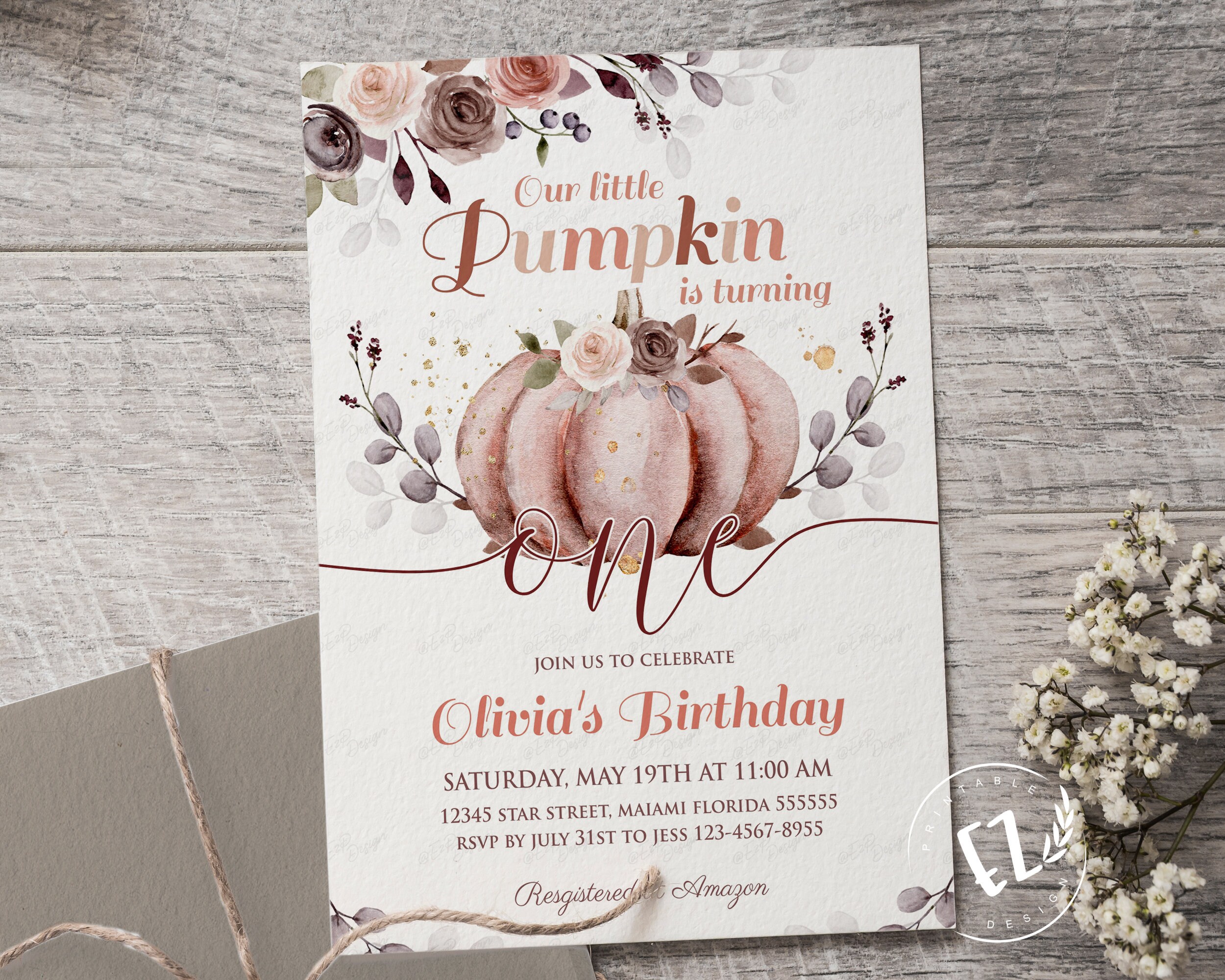 Floral Pumpkin Invitation, Pumpkin Birthday Invitation, Any Age ...