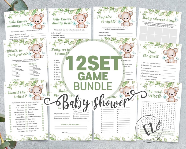 Editable Teddy Bear Baby Shower Game BUNDLE Greeneery Game - Etsy