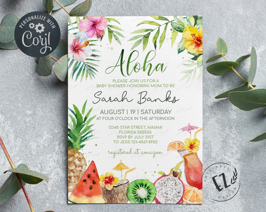 Hawaiian Aloha Editable Party Invitation, Tropical Baby Shower Invite ...