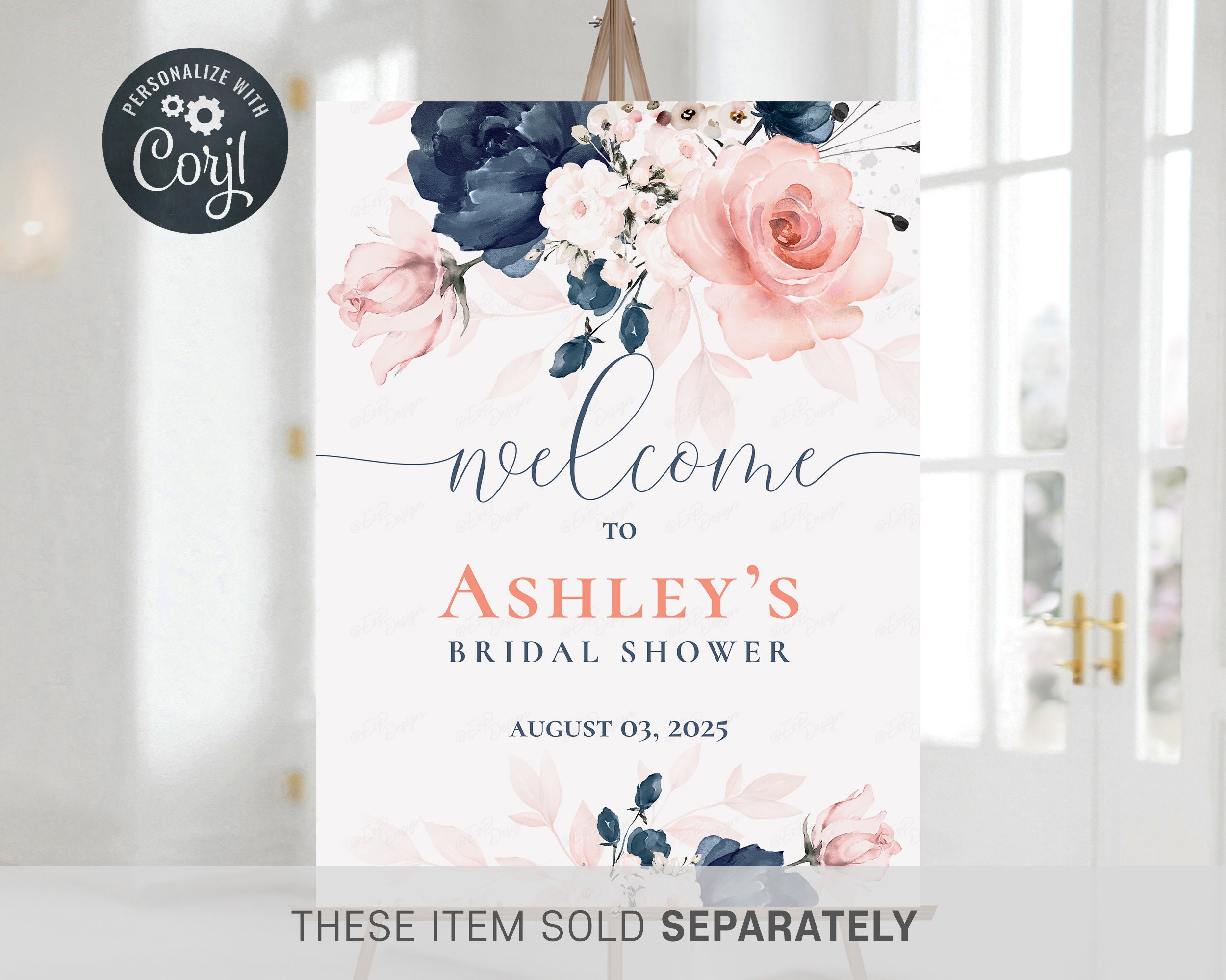 Navy Blue and Blush Pink Floral Custom Sign Template, Floral Printale ...