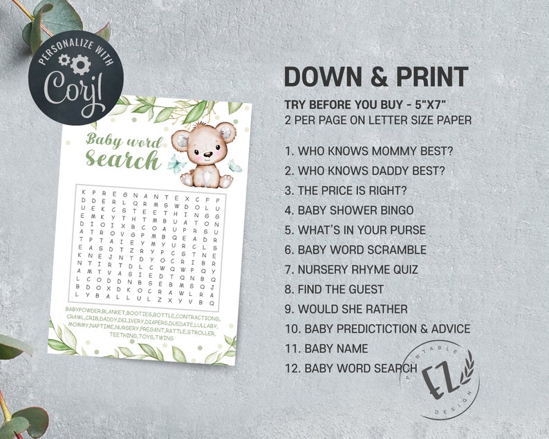 Editable Teddy Bear Baby Shower Game BUNDLE Greeneery Game - Etsy