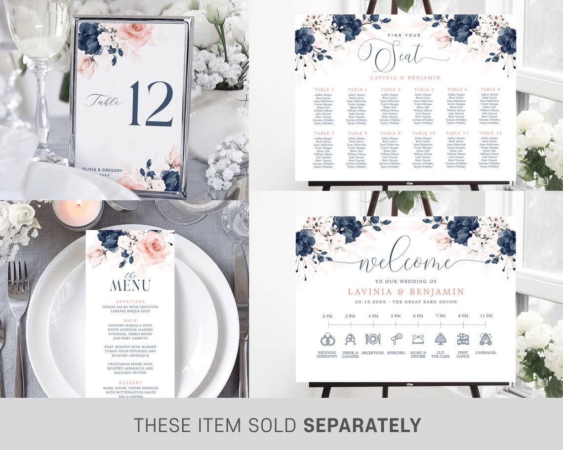 Navy Blue and Blush Pink Floral Welcome Sign Template, Floral Printale ...