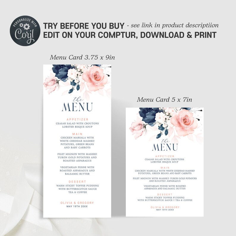 Wedding Menu Template Navy Blue and Blush Pink Floral Menu - Etsy