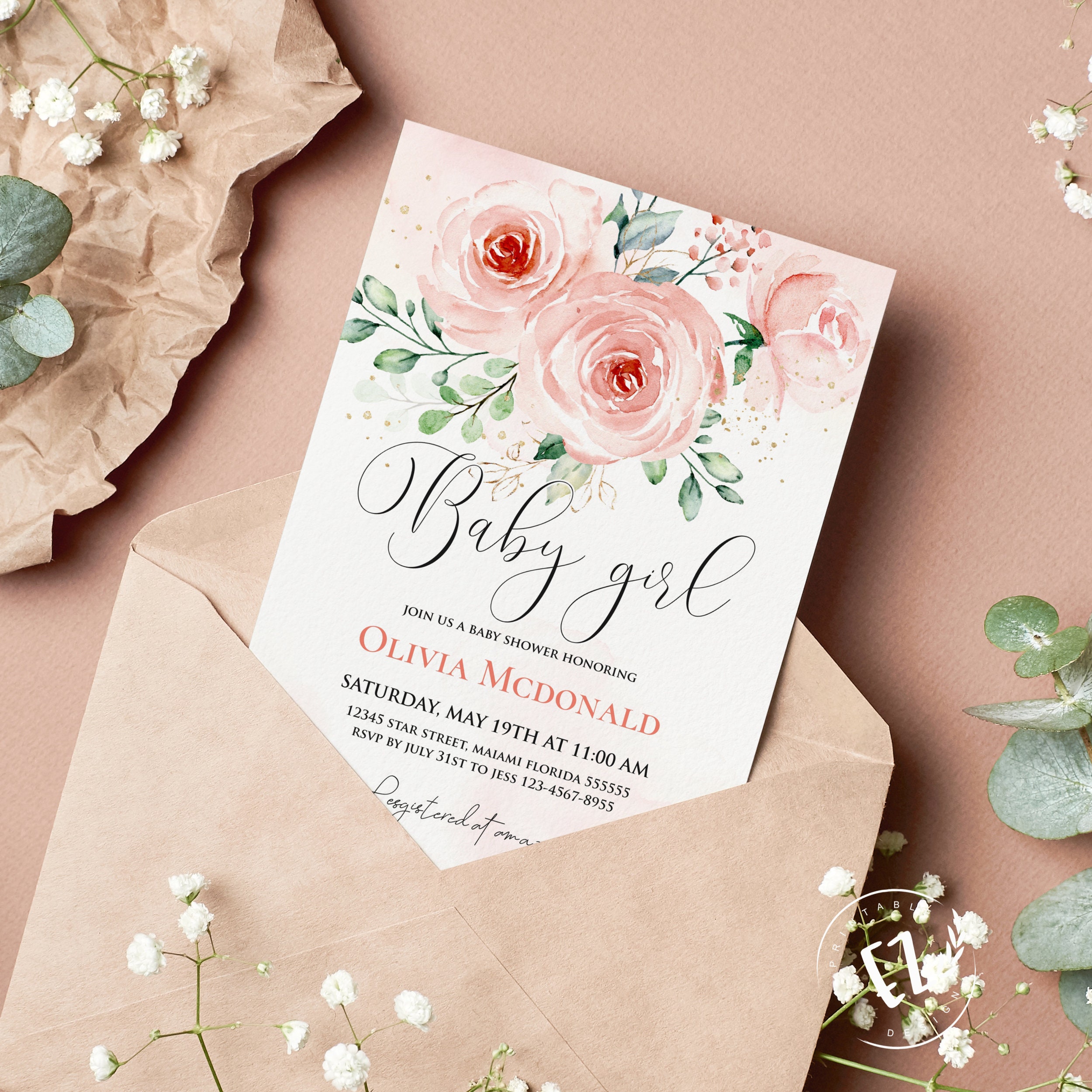 Pink Floral Baby Shower Invitation, Baby Girl Invitation, Editable ...