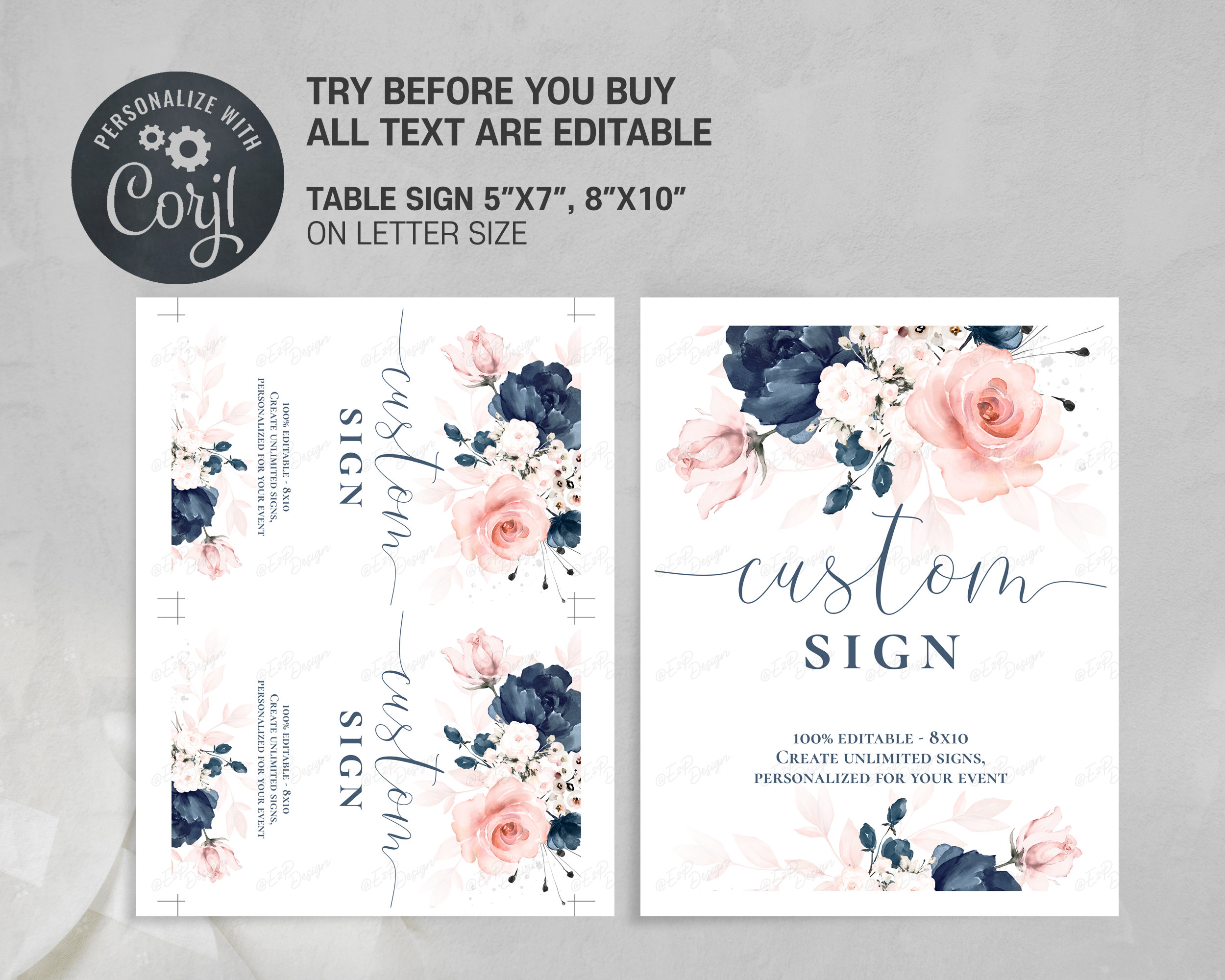 Navy Blue and Blush Pink Floral Custom Sign Template Floral - Etsy