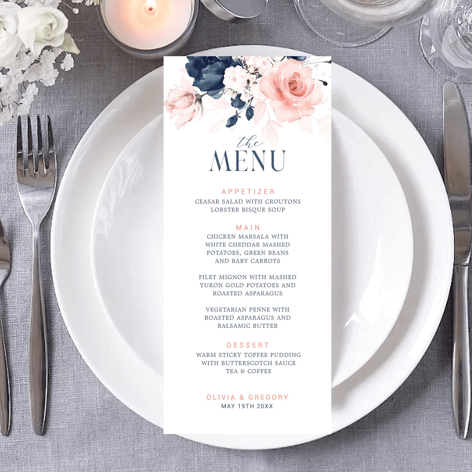 Wedding Menu Template Navy Blue and Blush Pink Floral Menu - Etsy