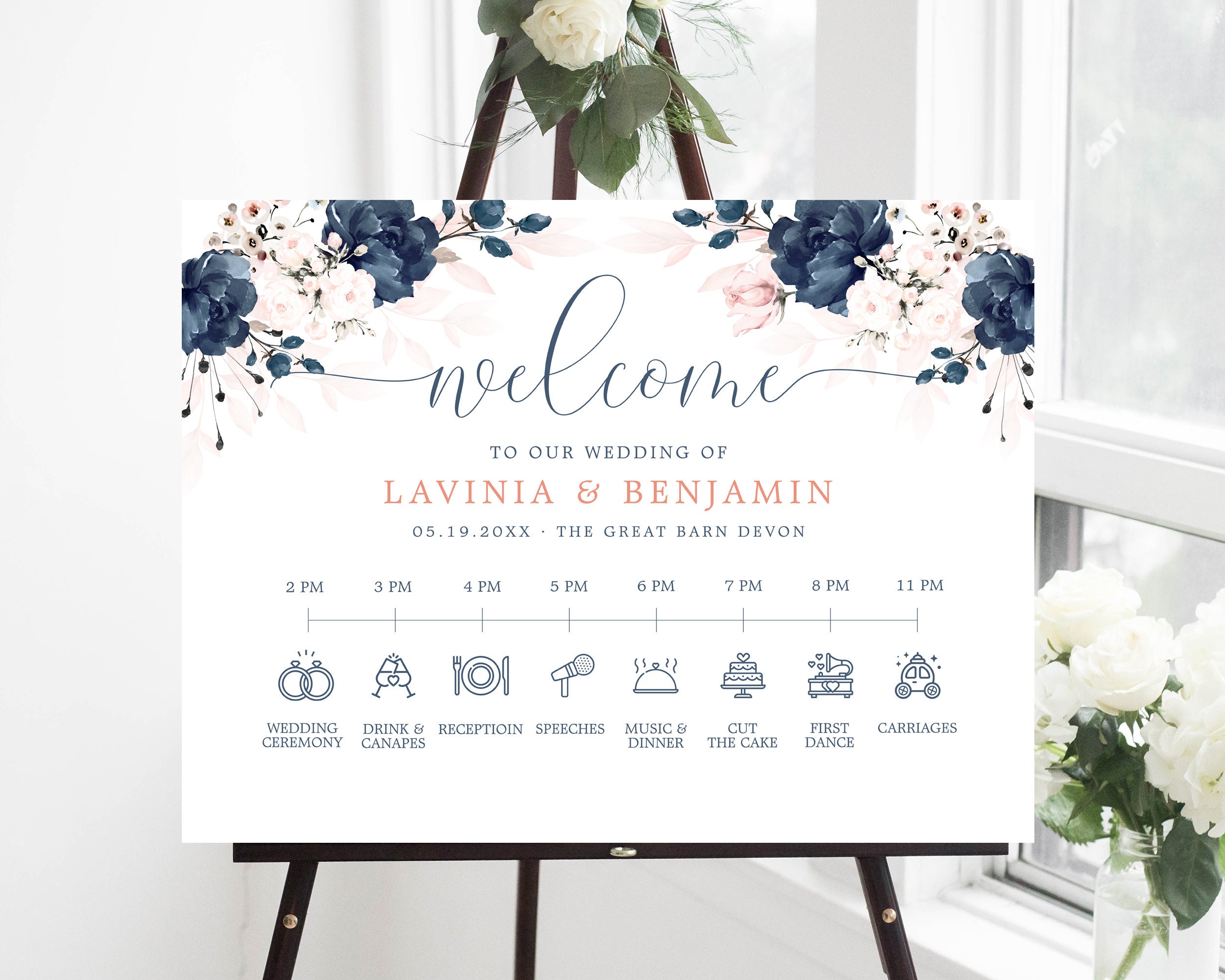 Wedding Timeline Sign, Navy Blue and Blush Pink Floral Sign Template ...