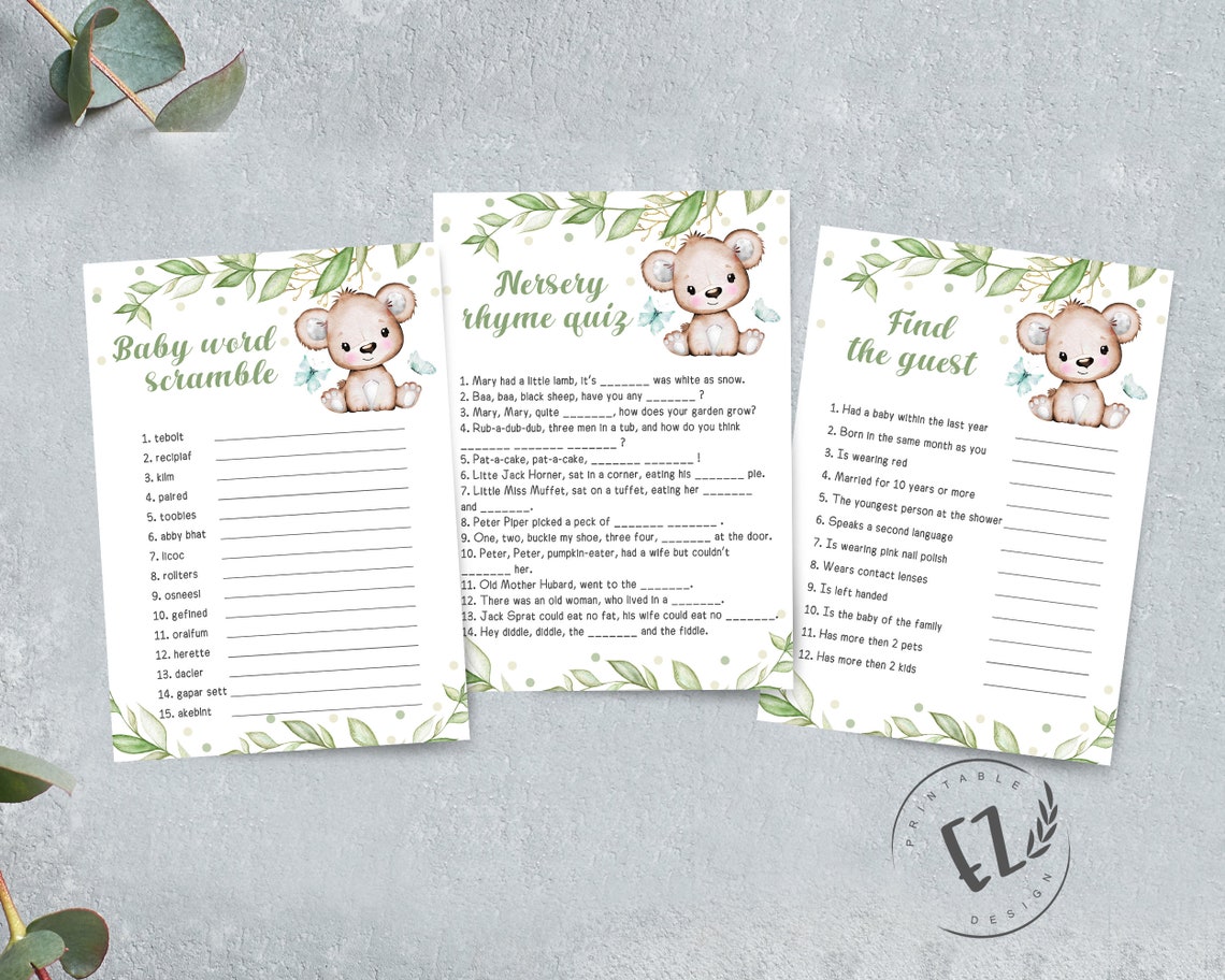 Editable Teddy Bear Baby Shower Game BUNDLE Greeneery Game | Etsy Canada