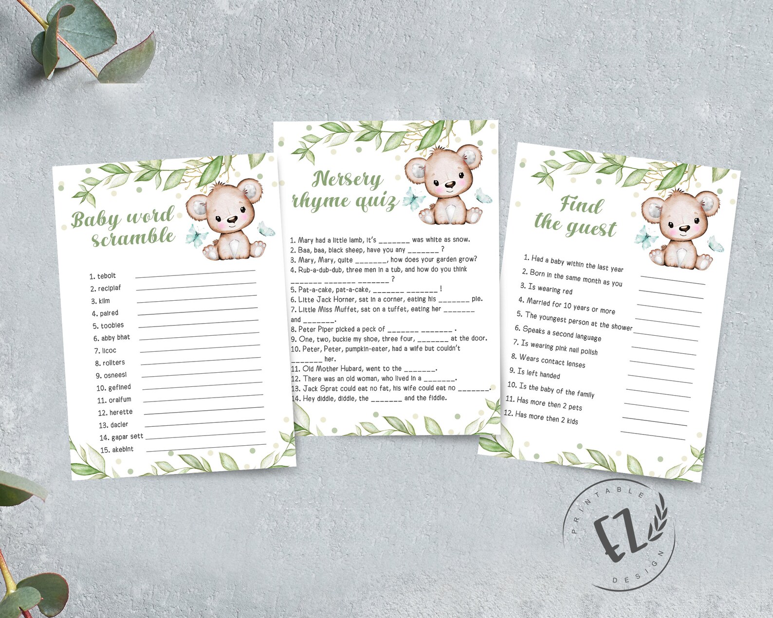 Editable Teddy Bear Baby Shower Game BUNDLE Greeneery Game | Etsy Canada