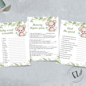 Editable Teddy Bear Baby Shower Game BUNDLE, Greeneery Game Activity ...