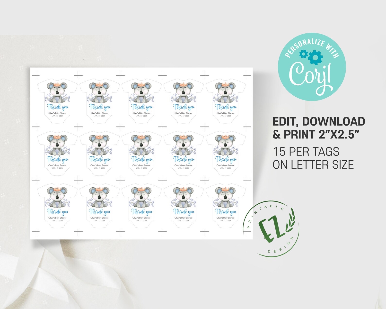 Koala Baby Shower Favor Tags Boy Thank You Tags Editable - Etsy
