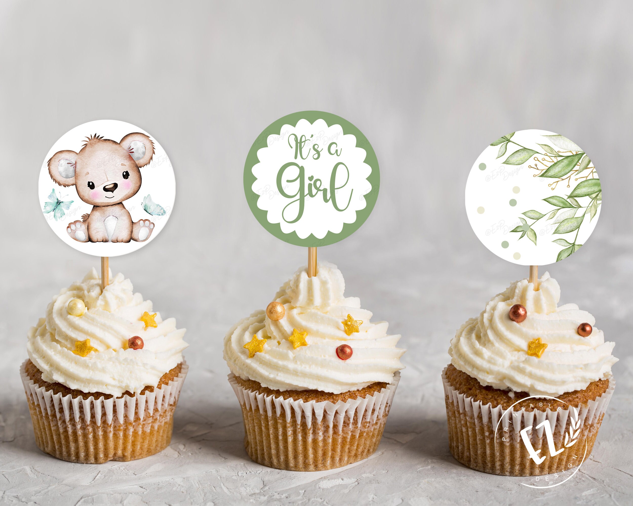 Teddy Bear Cake Toppers, Greenery Baby Shower, Cake Topper, Printable ...