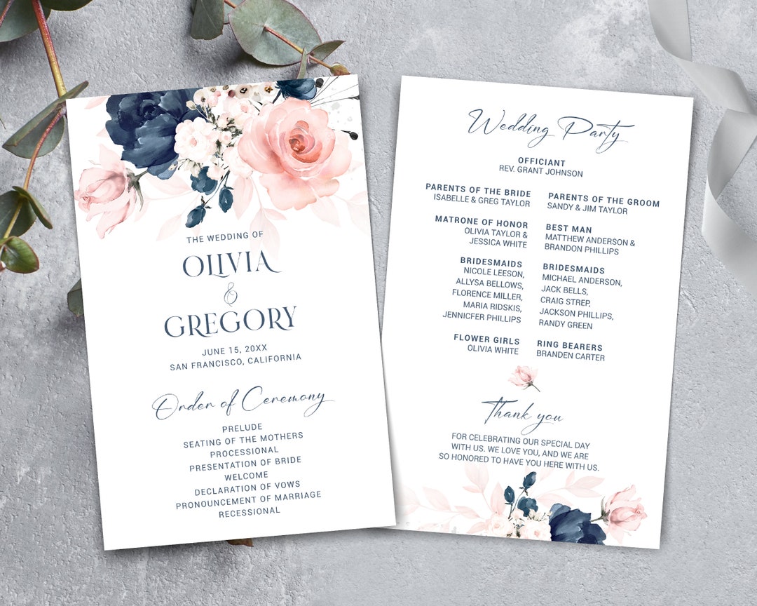Navy Blue and Blush Pink Wedding Program, Order of Service, Timeline ...