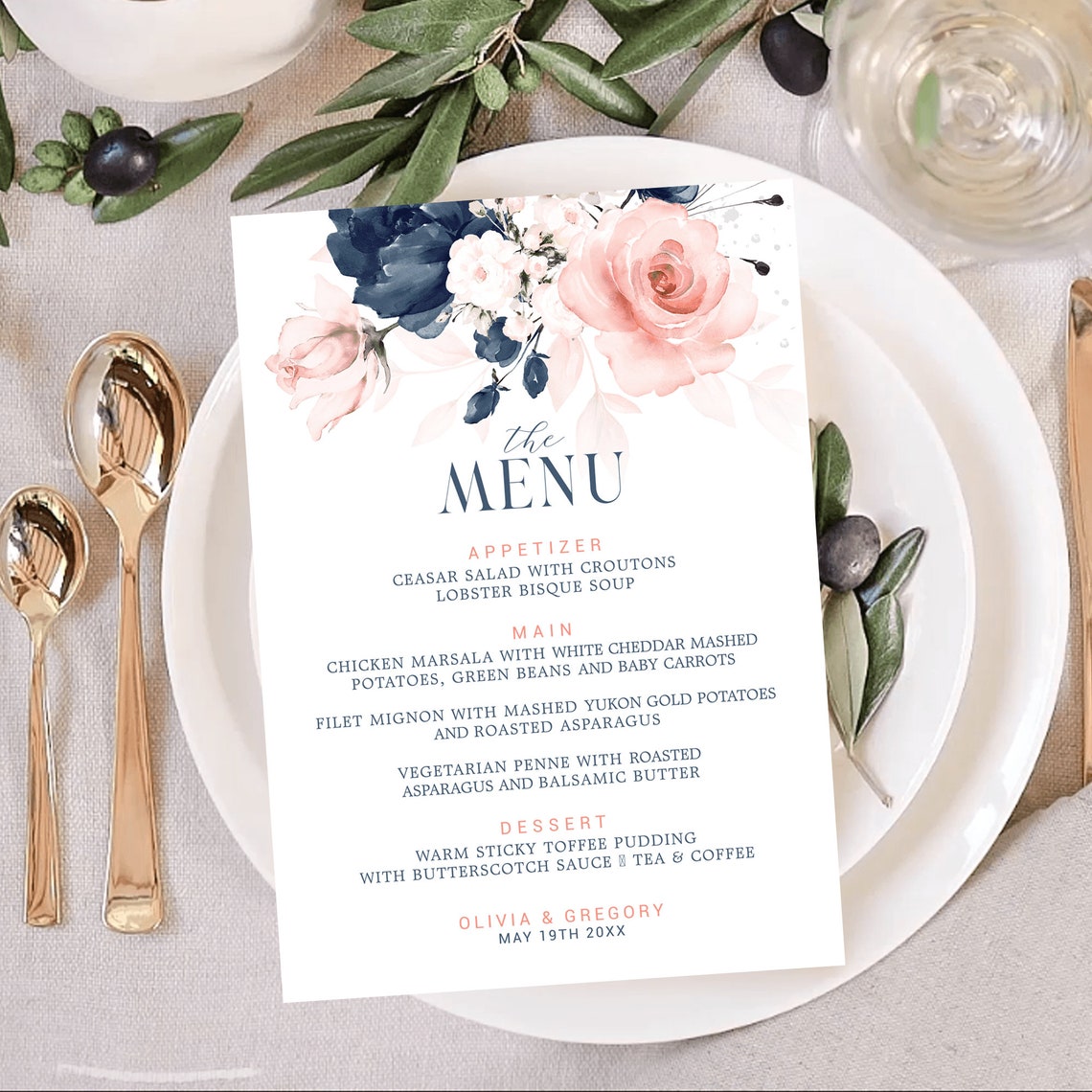 Wedding Menu Template Navy Blue and Blush Pink Floral Menu - Etsy