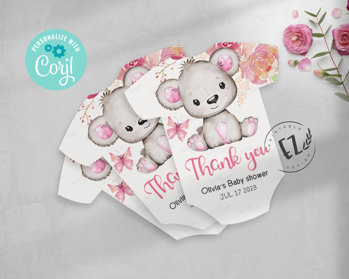 Teddy Bear baby shower favor tags Thank you tags editable | Etsy