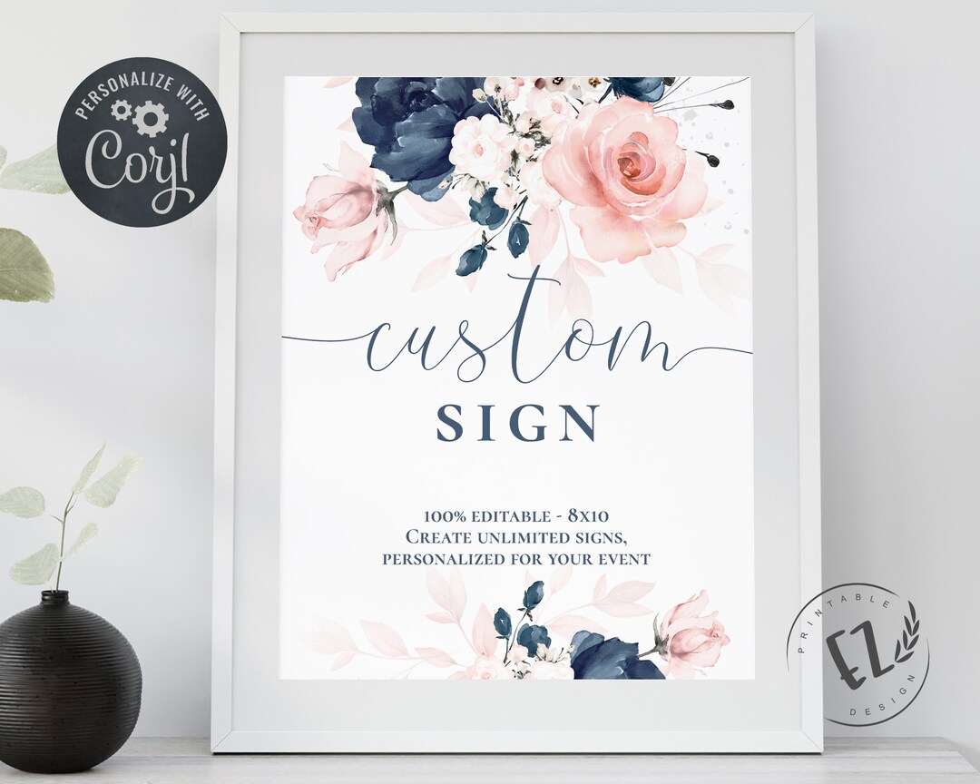 Navy Blue and Blush Pink Floral Custom Sign Template, Floral Printale ...