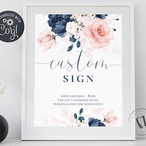 Navy Blue and Blush Pink Floral Welcome Sign Template, Floral Printale ...