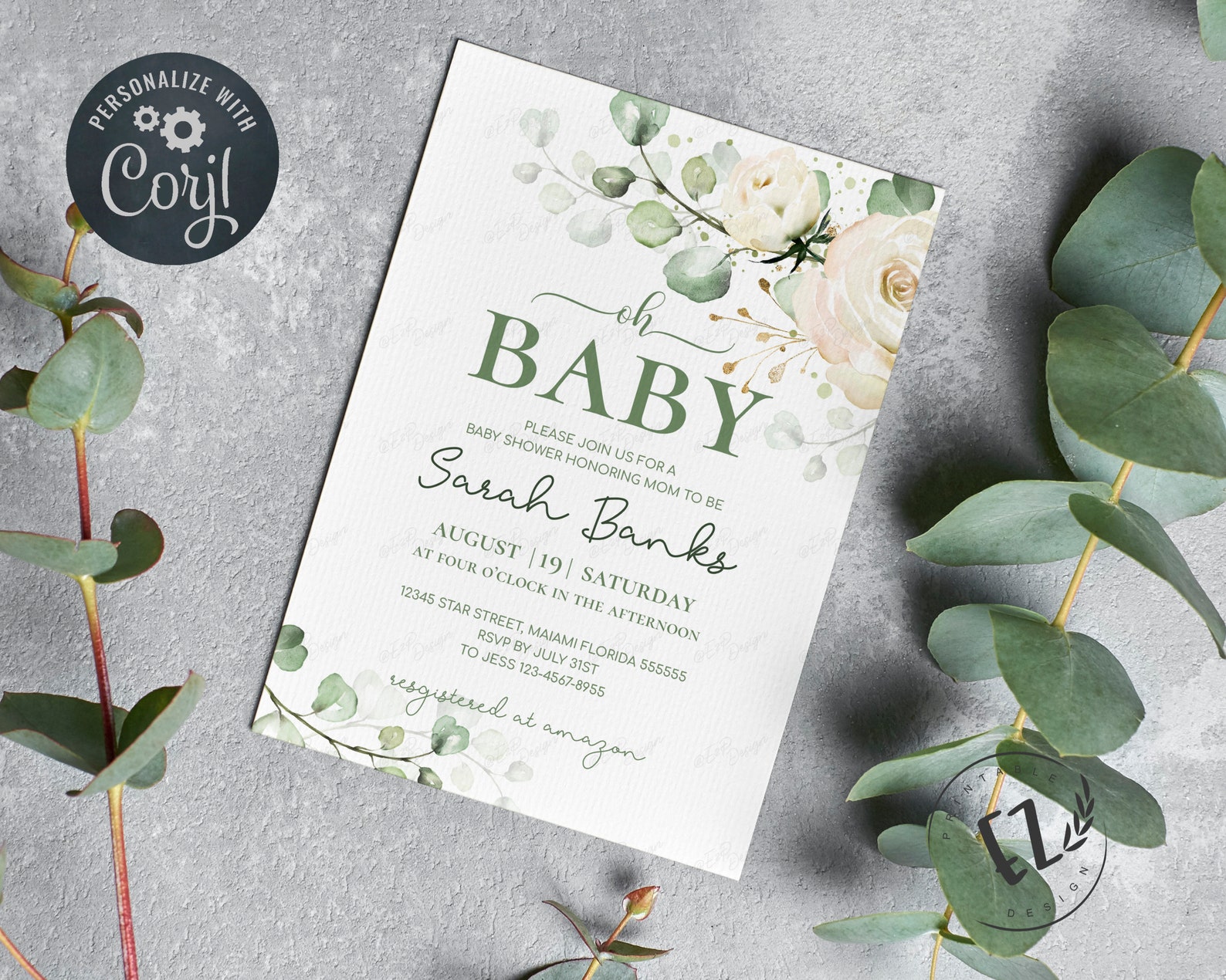 Greenery Baby Shower Invitation, Elegant Rose Baby Shower, Editable ...