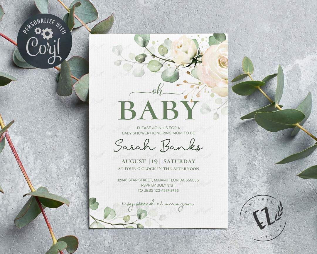 Greenery Baby Shower Invitation, Elegant Rose Baby Shower, Editable ...