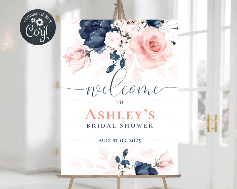 Navy Blue and Blush Pink Floral Welcome Sign Template, Floral Printale ...