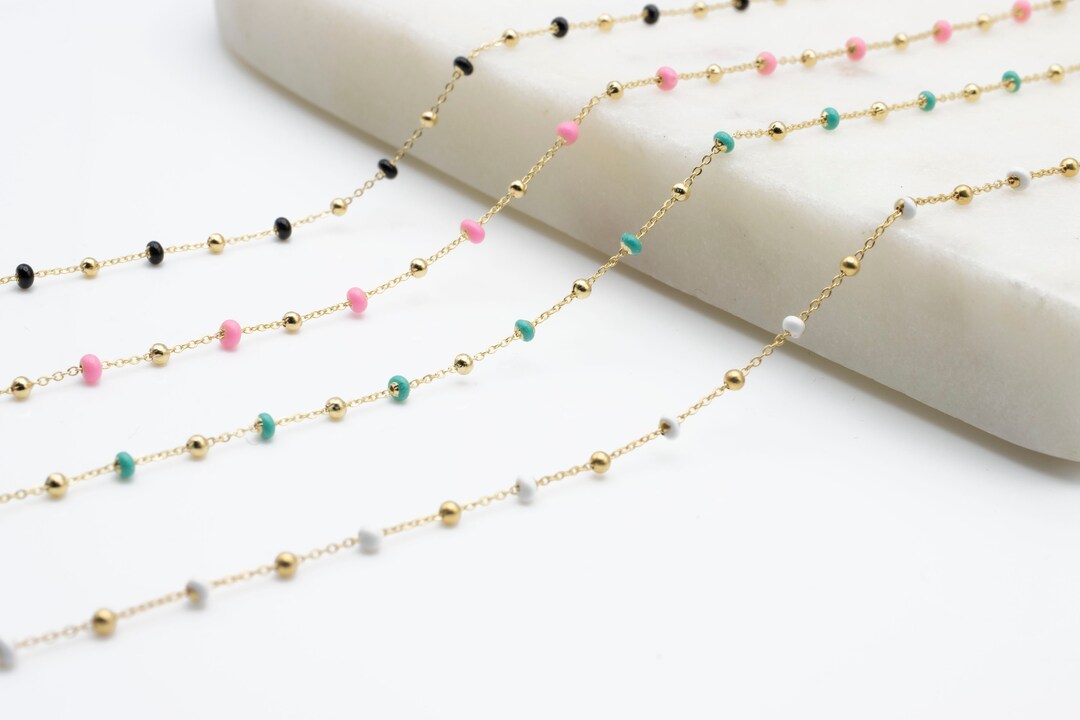 10K Solid Gold Enamel Bead Necklace , Enamel Multicolour Chain ...