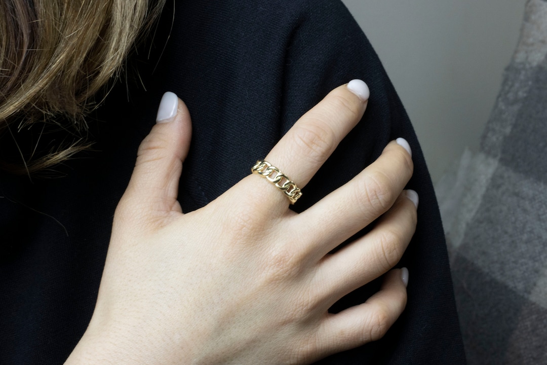10K Solid Gold Chain Ring , Cuban Chain Ring, Dainty Link Chain Ring ...