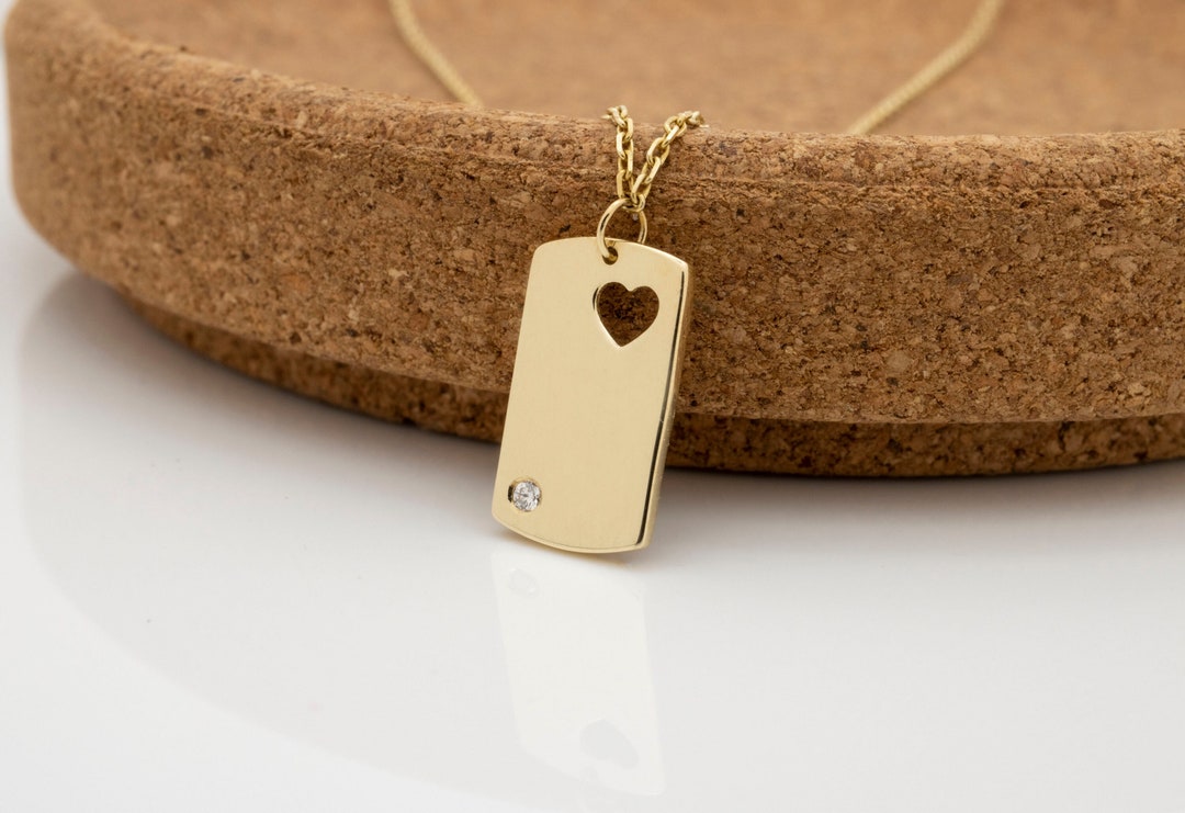 10K Solid Gold Tag With Diamond and Heart Necklace / Tag Pendant ...