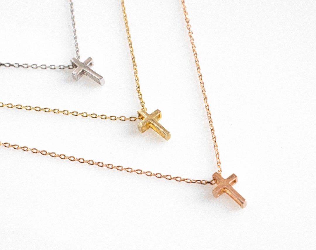 10K Solid Gold Mini Cross Necklace / Gold Cross Pendant / 16"or18 ...