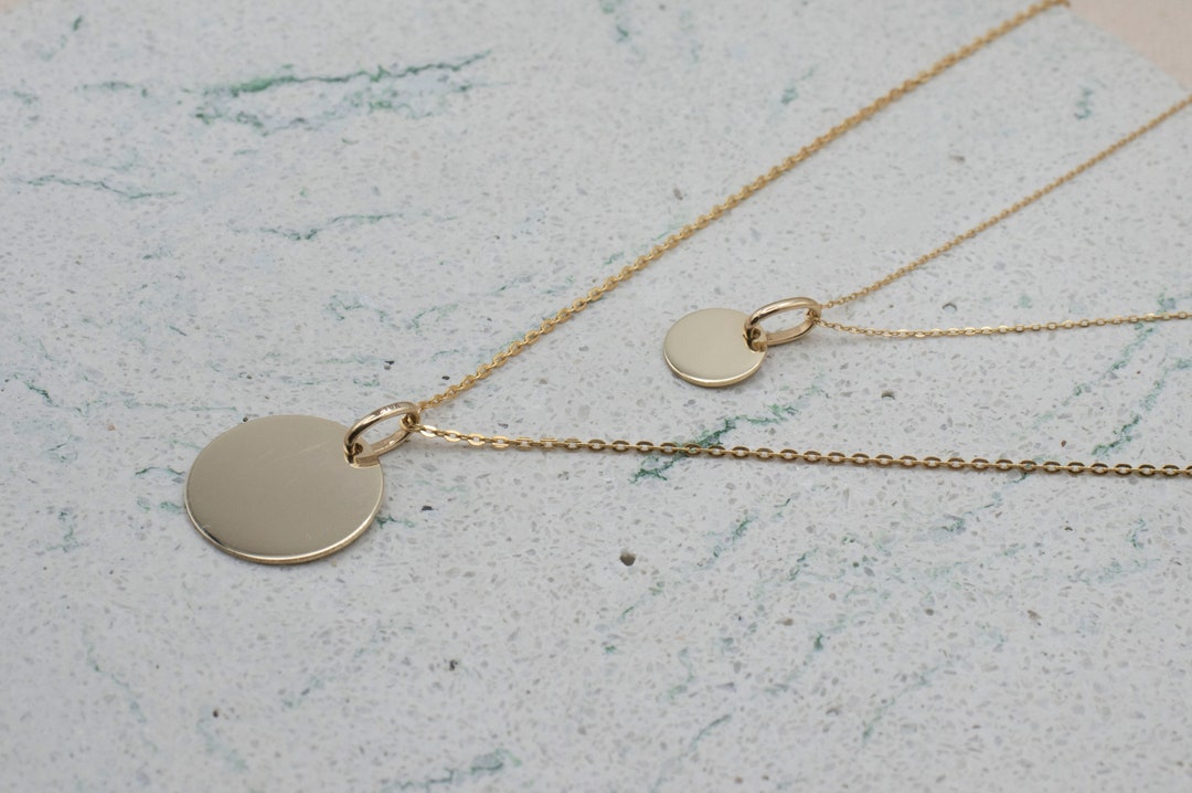10K Solid Gold Engravable Disc Necklace , Minimal Delicate Disc ...
