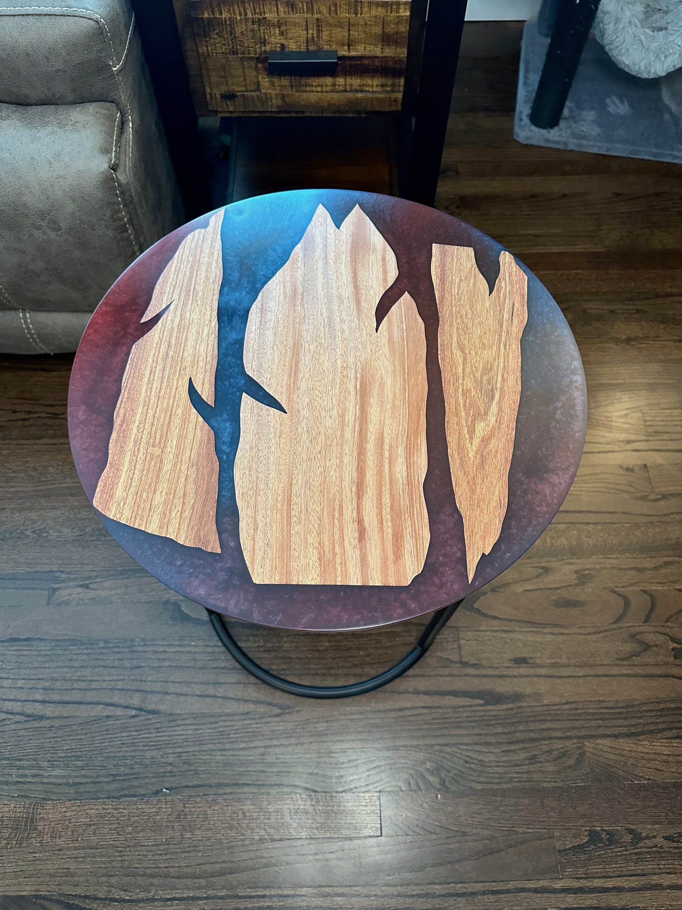 18 Round Cherry Wood End Table With Burgundy and Ocean - Etsy