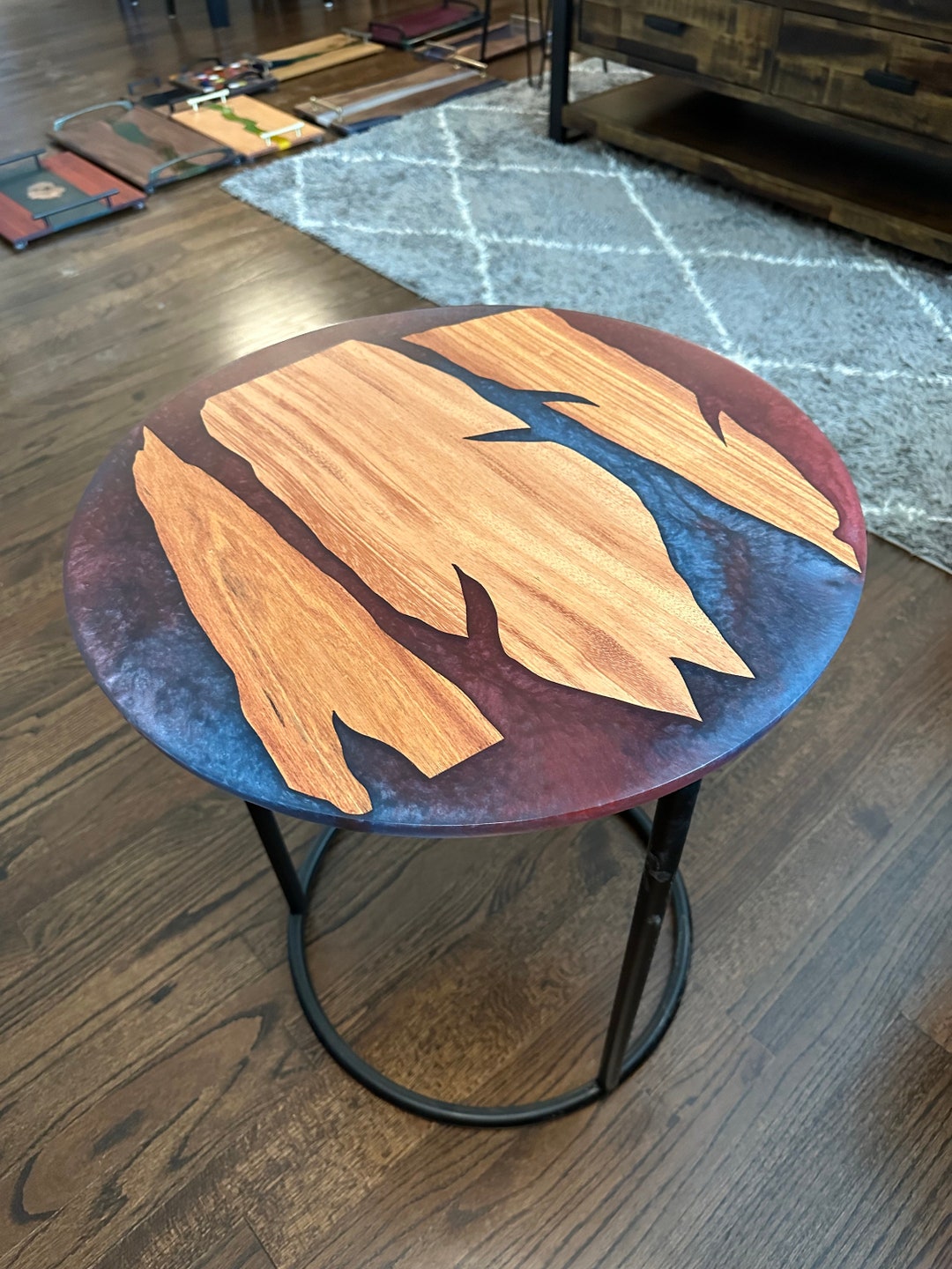 18 Round Cherry Wood End Table With Burgundy and Ocean - Etsy