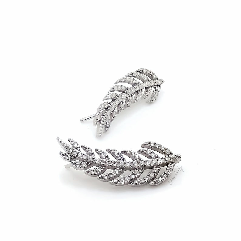 Sterling Silver Ear Climber, Leaf Earrings Glaromous Crawler With Clear ...