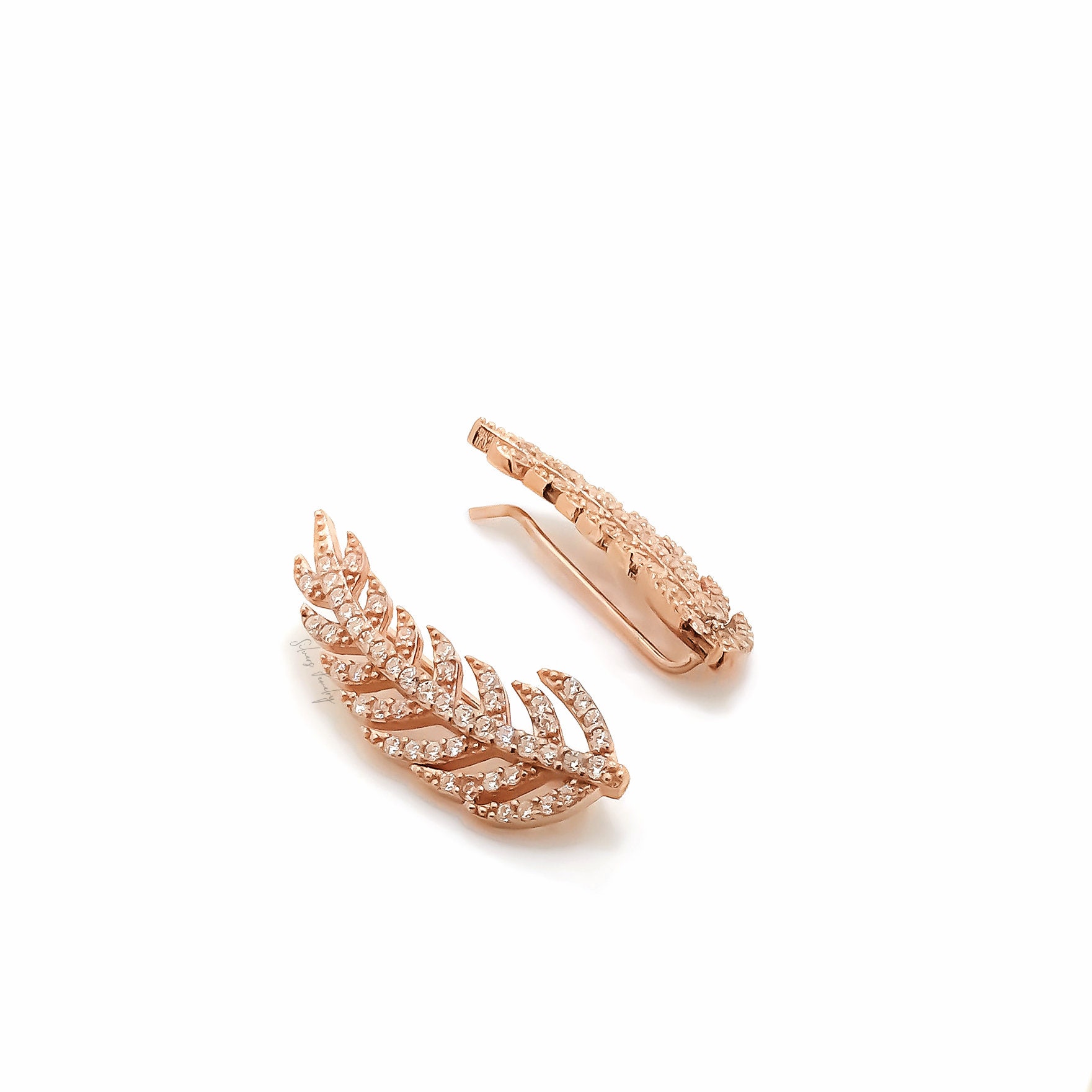 Sterling Silver Ear Climber, Leaf Earrings Glaromous Crawler With Clear ...
