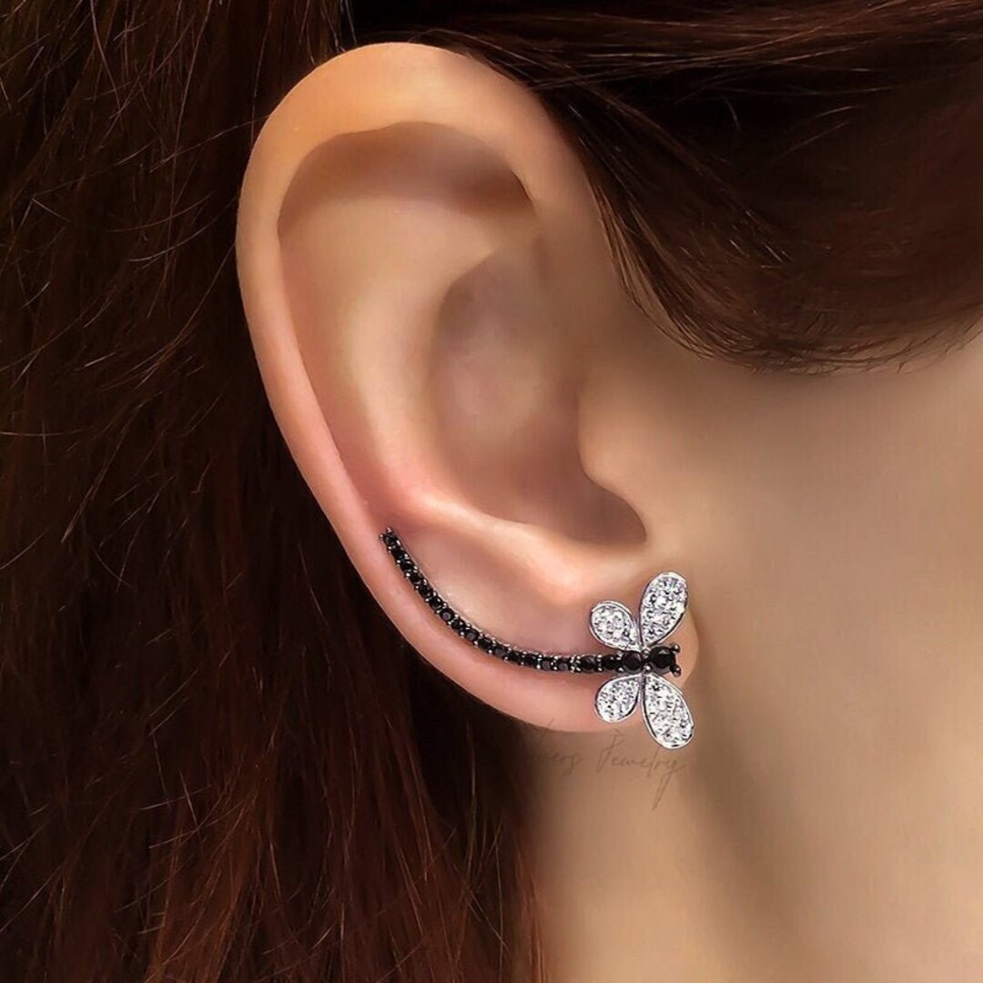 Dragonfly Climber Sterling Silver Earrings Crawler With Clear & Black ...